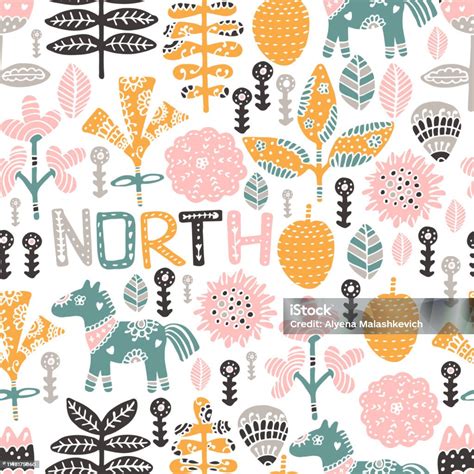 말 꽃과 손으로 그린 요소와 완벽 한 패턴입니다 아 이들의 감촉 직물 섬유 벡터 일러스트 레이 션에 대 한 좋은 0명에 대한 스톡 벡터 아트 및 기타 이미지 Istock