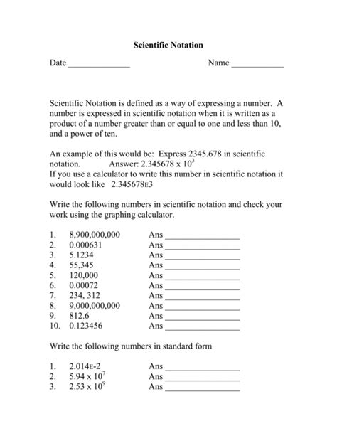 Scientific Notation Worksheet Practice And Calculator Use
