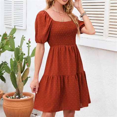 Aobny Flowy Dresses For Women 2025 Red Ruched A Line Short Sleeve