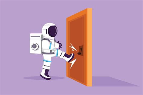 Cartoon Flat Style Drawing Young Astronaut Kicks Door Closed With His