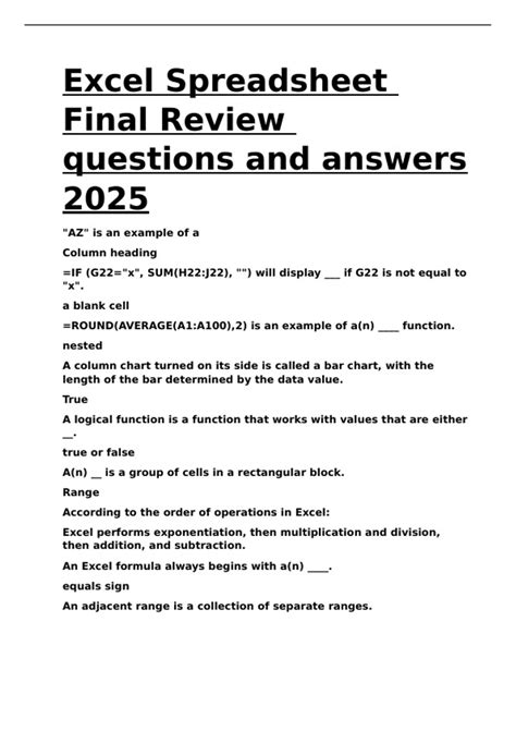 Excel Spreadsheet Final Review Questions And Answers 2025 Microsoft Excel Stuvia Us
