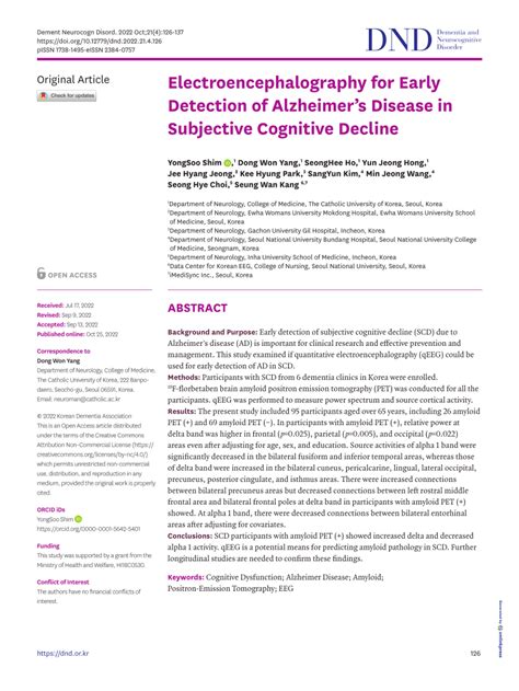 Pdf Electroencephalography For Early Detection Of Alzheimers Disease In Subjective Cognitive