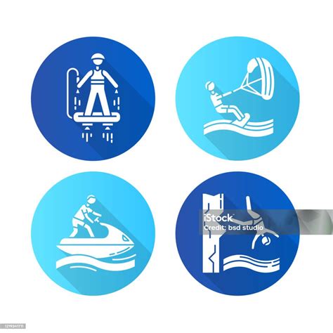 수상 스포츠 플랫 디자인 긴 그림자 문 고 아이콘 세트 플라이보드 카이트보딩 절벽 다이빙 제트스키 스포츠의 극단적 인 종류 바다와 바다 해변 레저 벡터 실루엣 일러스트레이션