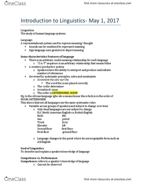 Ling 1000 Lecture Notes Fall 2015 Lecture 1 Linguistic Description Linguistic System Word