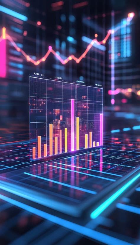 Abstract Data Visualization Bar Line Chart With Futuristic Glow In Vibrant Colors Stock