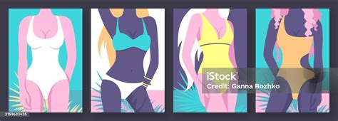 해변 배경에 수영복을 입은 여성 인물과 평면 복고풍 여름 포스터 세트 벡터 일러스트 레이 션 Swimsuit Contest에 대한 스톡 벡터 아트 및 기타 이미지 Istock