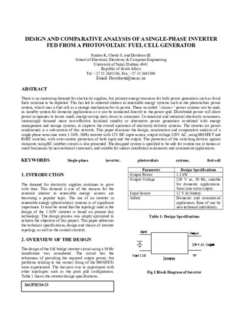 Pdf Design And Comparative Analysis Of A Single Phase Inverter Fed From A Photovoltaic Fuel