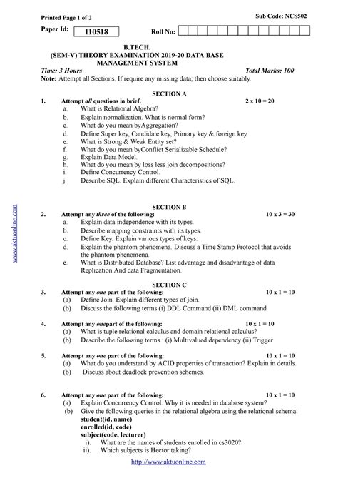 5 Btech Cs 5 Sem Data Base Management System Ncs502 2020 5 Printed