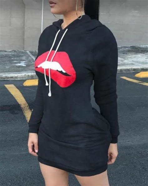 Lip Print Hooded Casual Dress P13281 Blue L Mini Dress Casual Black Dresses Casual Long