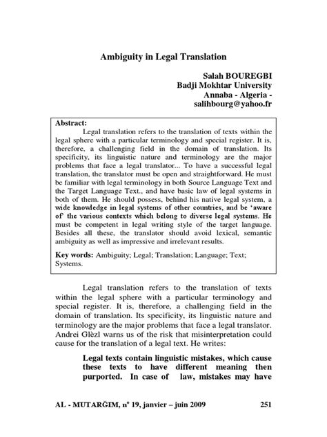 Ambiguity In Legal Translation Salah Bouregbi Badji Mokhtar University Annaba Algeria