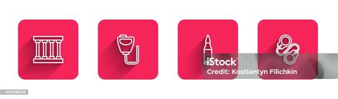 긴 그림자가 있는 감옥 창 워키토키 총알 및 수갑을 설정합니다 빨간색 사각형 버튼입니다 벡터 0명에 대한 스톡 벡터 아트 및