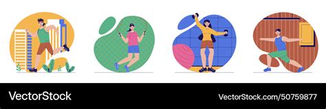 Fitness Concept With People Scenes Set In Flat Web