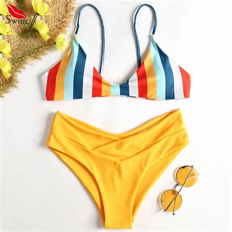 2018 Striped High Cut Bikini Set Colorful Lovely Girl Swimwear Women