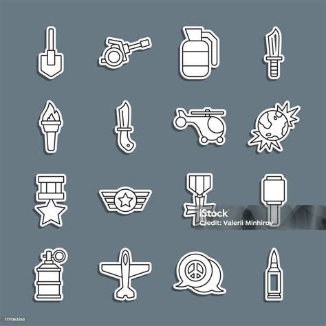 세트 라인 총알 대전차 수류탄 폭탄 폭발 행성 지구 손 군용 칼 횃불 불꽃 삽 및 헬리콥터 아이콘 벡터 군사에 대한 스톡 벡터 아트 및 기타 이미지 Istock