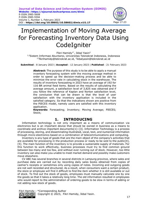 Pdf Implementation Of Moving Average For Forecasting Inventory Data