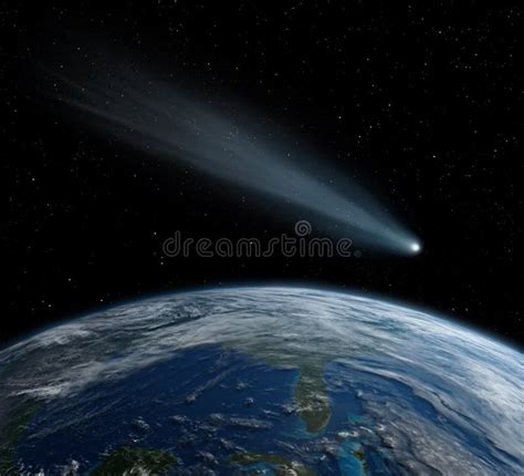 Comet Asteroid Meteorite Flying To The Planet Earth Glowing Asteroid And Tail Of A Falling