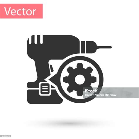 회색 드릴 기계와 기어 아이콘 흰색 배경에 고립입니다 조정 응용 프로그램 서비스 개념 설정 옵션 유지 보수 수리 고정 벡터
