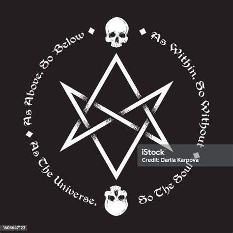 Unicursal 육각형 육각형 별과 두개골은 손으로 그린 고립된 벡터 그림입니다 비문은 밀폐주의와 신성한 기하학의 격언입니다 위와 같이 아래도 마찬가지입니다 고딕 양식에