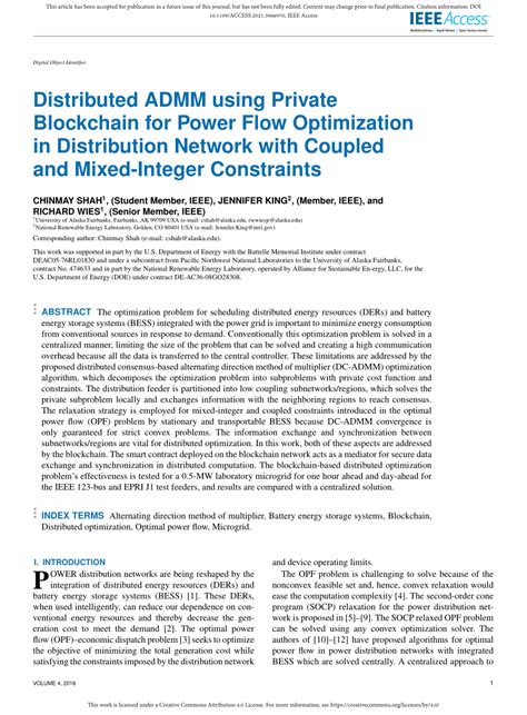 Pdf Distributed Admm Using Private Blockchain For Power Flow Optimization In Distribution