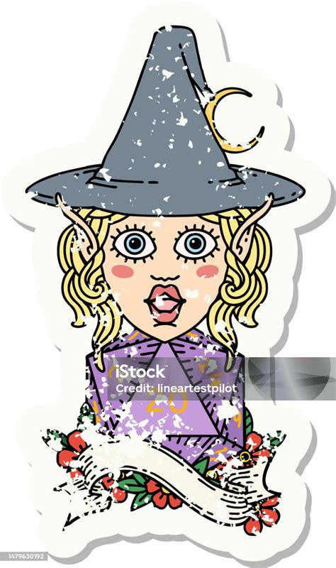 자연스러운 20 주사위 굴림을 가진 엘프 마법사 캐릭터의 그런지 스티커 굴리기에 대한 스톡 벡터 아트 및 기타 이미지 굴리기