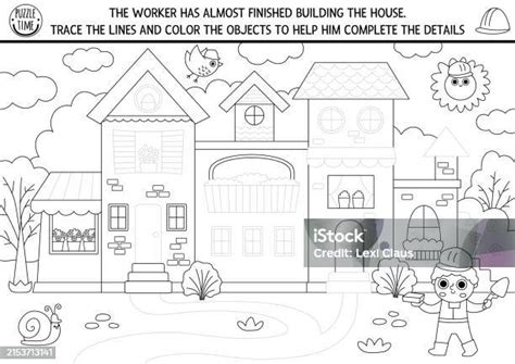 건설 현장 흑백 그리기 색칠하기 추적 및 집과 함께 쓰기 연습 활동 건물 퍼즐을 완성하고 장식하세요 아이들을 위한 인쇄 가능한 워크시트 게임 또는 색칠 공부 페이지 건물