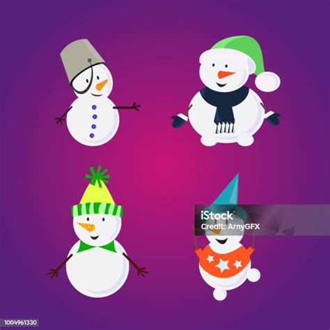 모자와 함께 머리에 양동이 파란 배경에 선물 Snowmans의 집합입니다 다른 마모에 쾌활 한 눈사람입니다 벡터 일러스트입니다