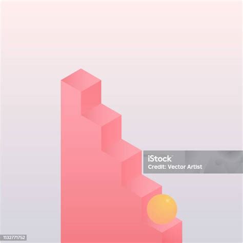 최소한의 배경 디자인 부드러운 분홍색 계단 아래 노란색 공 간단한 미니멀리스트 추상적인 기하학적 벡터 일러스트 레이 션 3차원 형태에 대한 스톡 벡터 아트 및 기타 이미지