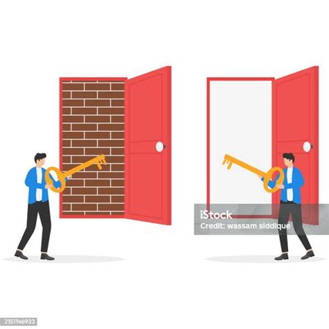 열쇠 구멍이 있는 문 앞에 서 있는 큰 열쇠를 가진 사업가 성공으로 가는 올바른 길 선택 개념에 대한 스톡 벡터 아트 및 기타 이미지 개념 개념과 주제 결정 Istock