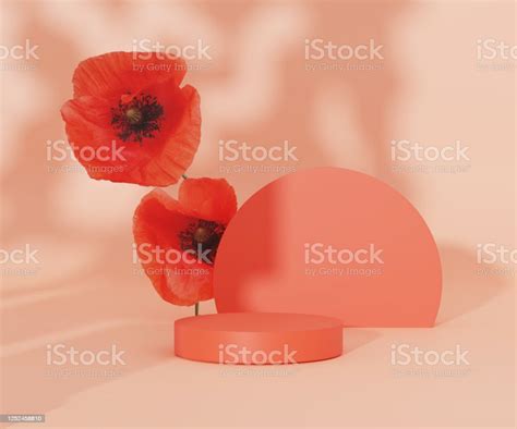 3d 파스텔 포디움 받침대와 천연 레드 양귀비 필드 플라워와 둥근 프레임 산호 배경에 복사 공간이있는 디스플레이 는 Fo 뷰티 제품 화장품 또는 텍스트를 전시합니다 주황색
