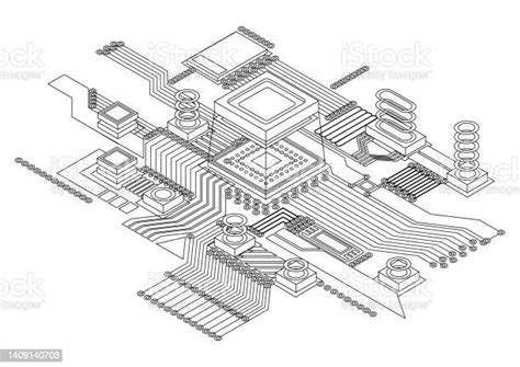 전자 Cpu 디지털 칩 흑백 추상적인 컴퓨터 프로세서 및 마더보드 또는 회로 기판의 전자 부품 마이크로 프로세서의 전자 장치 하드웨어 엔지니어링 인공 지능 등측투영법에 대한