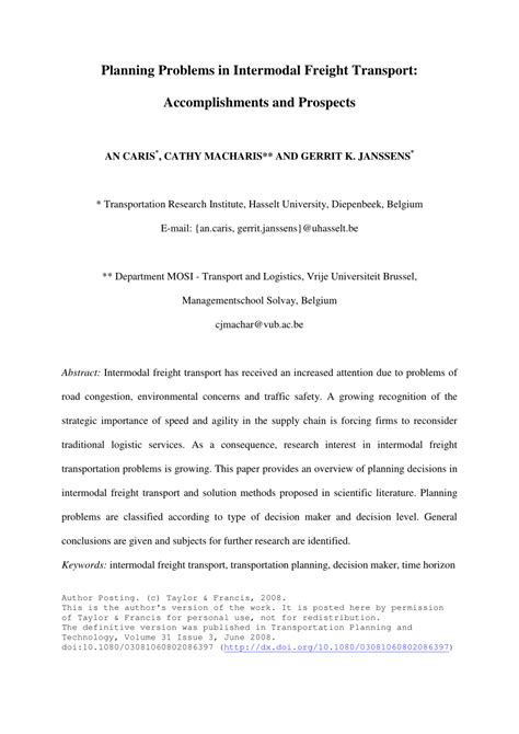 Pdf Planning Problems In Intermodal Freight Transport Accomplishments And Prospects