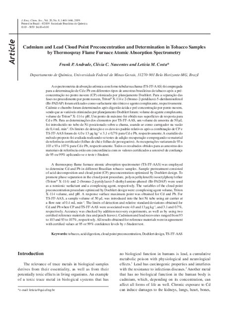 Pdf Cadmium And Lead Cloud Point Preconcentration And Determination In Tobacco Samples By