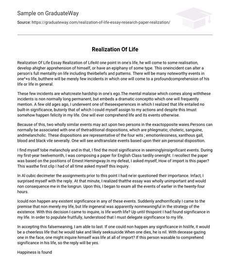 Realization Of Life Free Essay Example 602 Words Graduateway