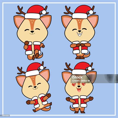크리스마스 모자 컬렉션 귀여운 가와이 이 손으로 그린 사슴 캐릭터 일러스트 세트 9 0명에 대한 스톡 벡터 아트 및 기타 이미지