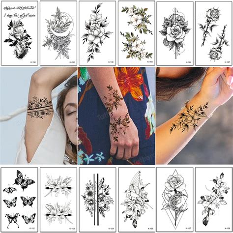 12 Pçs lote Flores Esboço Tatuagem De Transferência Da Água Projeto Mão