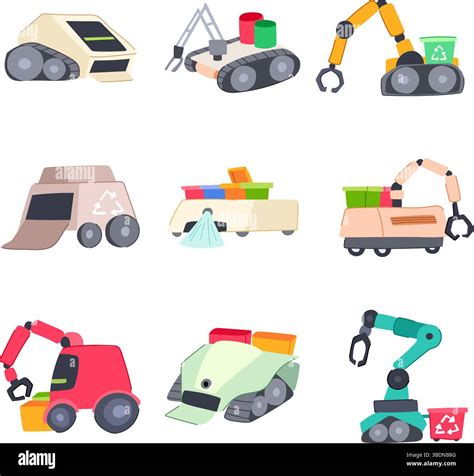 Mini Robot Sorting Trash Set Cartoon Vector Illustration Stock Vector Image And Art Alamy