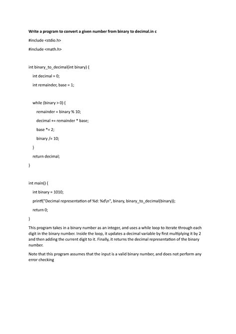 C Decimal Write A Program To Convert A Given Number From Binary To Decimal C Include Include