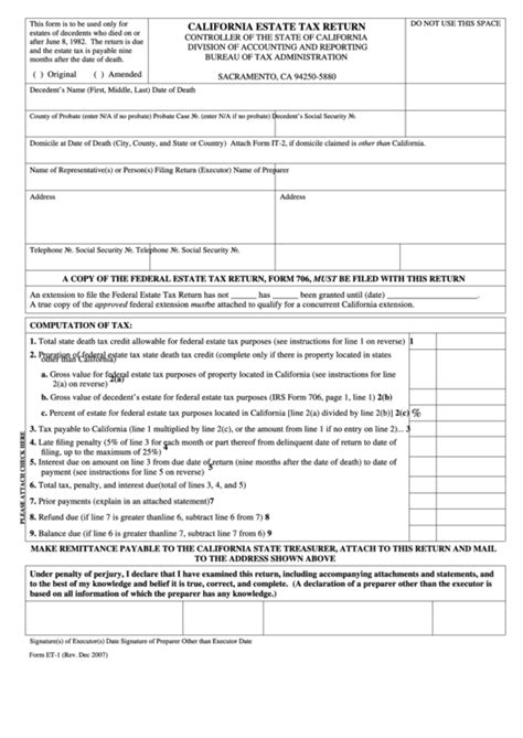 Fillable Form Et 1 California Estate Tax Return California State Controllers Office 2007