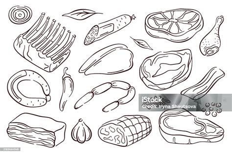 라인 아트 스타일의 고기 세트 햄 닭고기 쇠고기 소시지 살라미 소시지 돼지 고기와 같은 다양한 육류 제품 컬렉션 배너 메뉴 전단지 및 정육점 또는 상점을 위한 디자인 개체