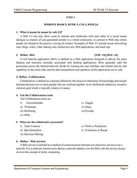 Ip 2 Marks Qb Cs8651 Internet Programming Iii Year Vi Semester Unit 1 Website Basics Html 5