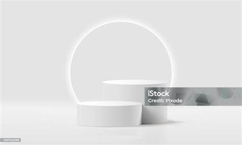 흰색 현실적인 3d 실린더 받침대 연단과 원형 둥근 네온 조명 배경 추상 벡터 렌더링 기하학 제품 전시 프리젠 테이션 최소한의