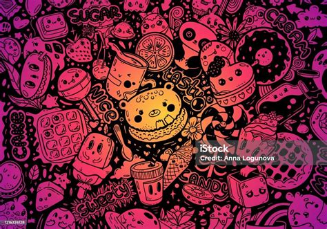 낙서 가와이 스타일 귀여운 만화 캐릭터 사탕 가게 일러스트와 편지는 달콤한 음식을 좋아합니다 벡터 다채로운 그라데이션 카와이에 대한 스톡 벡터 아트 및 기타 이미지 Istock