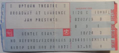 Gentle Giant 1977 Original Ticket Stub Uptown Theatre Broadway Jam