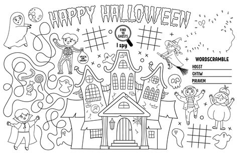 아이들을 위한 벡터 할로윈 플레이스매트 미로 박하 사탕 발가락 차트가 있는 인쇄용 활동 매트는 점을 연결하여 차이점을 찾습니다 흑백 가을 놀이 매트 또는 색칠 페이지xa