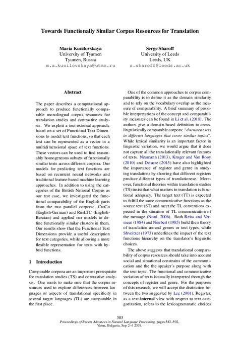 Pdf Towards Functionally Similar Corpus Resources For Translation