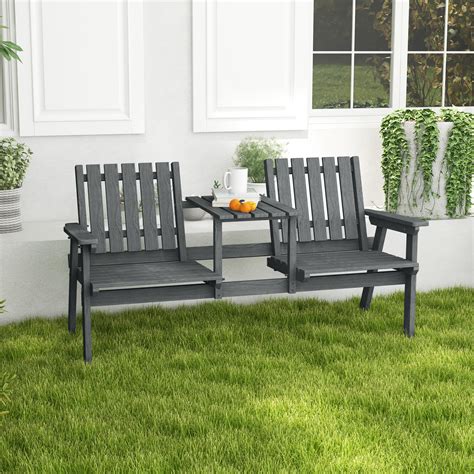 Outsunny Garden Bench For 2 Persons With Middle Table And Umbrella Hole