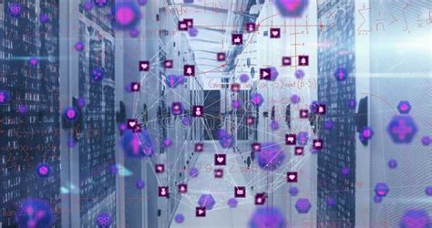 Animation Of Icons And Connected Icons Forming Globe Over Binary Codes On Data Server Racks