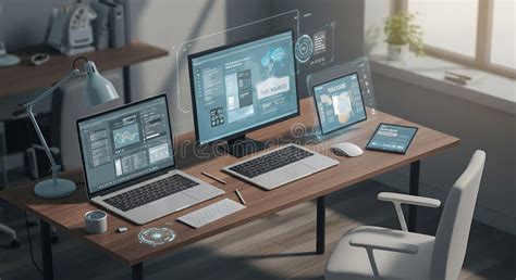 Modern Workspace With Multiple Devices Displaying Data And Holographic
