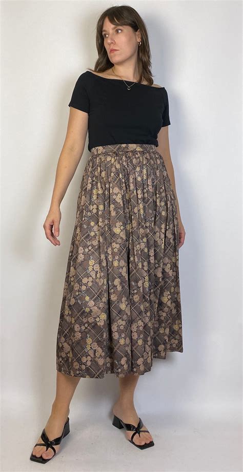 Vtg 70s Does 50s Floral And Plaid Full Midi Skirt Size 6 28 Waist Etsy