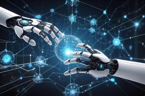 Artificial Intelligence Ai Machine Learning Robot And Human Hands Touching On Big Data Network